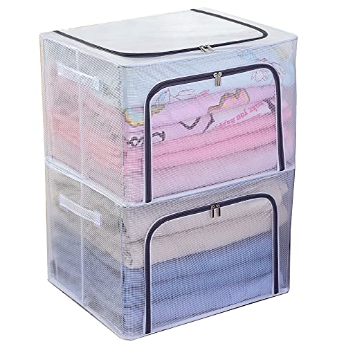 Kaysun Stackable Closet Clear Storage Bins with Lids Waterproof Foldable Steel Frame Storage Box for Clothes 66L Baby Cloth Storage bag Organizer for Bedding Clothing Toy(2-Pack) (Grey,19.7x15.7x13'')