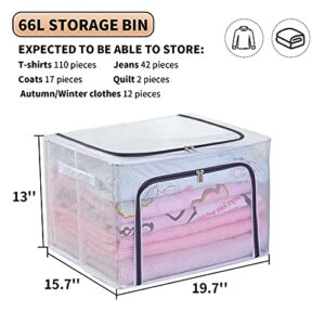 Kaysun Stackable Closet Clear Storage Bins with Lids Waterproof Foldable Steel Frame Storage Box for Clothes 66L Baby Cloth Storage bag Organizer for Bedding Clothing Toy(2-Pack) (Grey,19.7x15.7x13'')