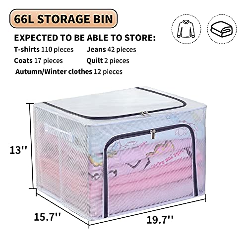 Kaysun Stackable Closet Clear Storage Bins with Lids Waterproof Foldable Steel Frame Storage Box for Clothes 66L Baby Cloth Storage bag Organizer for Bedding Clothing Toy(2-Pack) (Grey,19.7x15.7x13'')