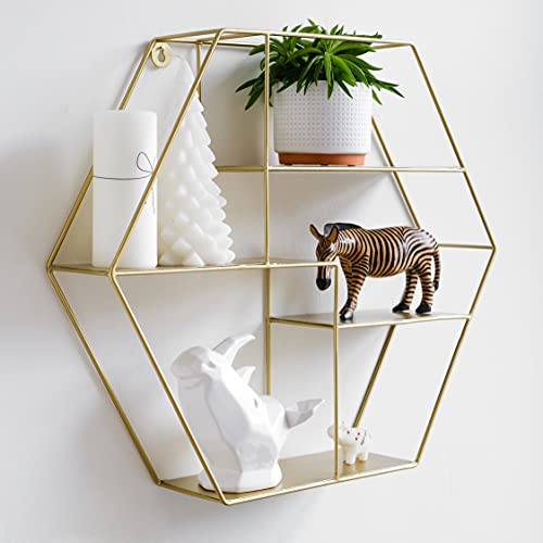 Gold Hexagon Wall Shelves, Extra Large Decorative Floating Shelf for Bathroom, Kitchen & Bedroom Wall Decor Shelfie, Glam Brass Geometric Wall Art, Metal Sconce Shelf, Boho Honeycomb Accent Display