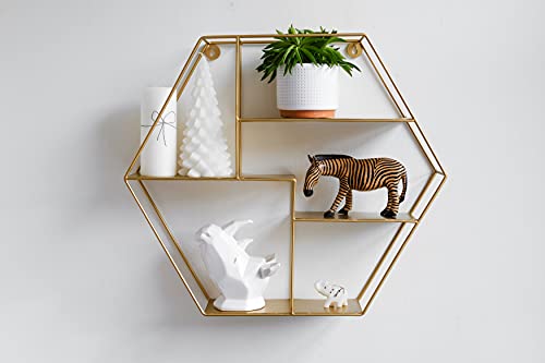 Gold Hexagon Wall Shelves, Extra Large Decorative Floating Shelf for Bathroom, Kitchen & Bedroom Wall Decor Shelfie, Glam Brass Geometric Wall Art, Metal Sconce Shelf, Boho Honeycomb Accent Display