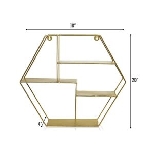 Gold Hexagon Wall Shelves, Extra Large Decorative Floating Shelf for Bathroom, Kitchen & Bedroom Wall Decor Shelfie, Glam Brass Geometric Wall Art, Metal Sconce Shelf, Boho Honeycomb Accent Display