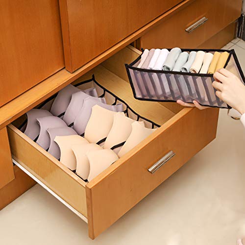 TIKHOENG Underwear Organizer, Drawer Divider For Underwear/ Socks/ Bras/ Ties, Foldable Storage Boxes, Organizers Clothes Storage With 3pcs Of 6/7/11 Compartments (Black)