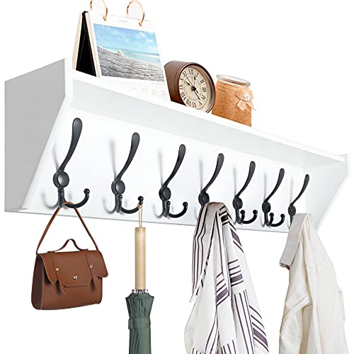 WEBI Coat Rack Wall Mount with Shelf,35’’ Long White Shelf with Hooks Underneath,7 Triple Hooks,Wall Mounted Coat Rack with Shelf,Key Rack for Wall,Entryway Shelves for Wall