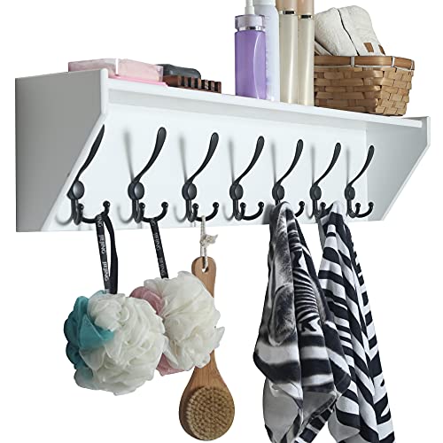 WEBI Coat Rack Wall Mount with Shelf,35’’ Long White Shelf with Hooks Underneath,7 Triple Hooks,Wall Mounted Coat Rack with Shelf,Key Rack for Wall,Entryway Shelves for Wall