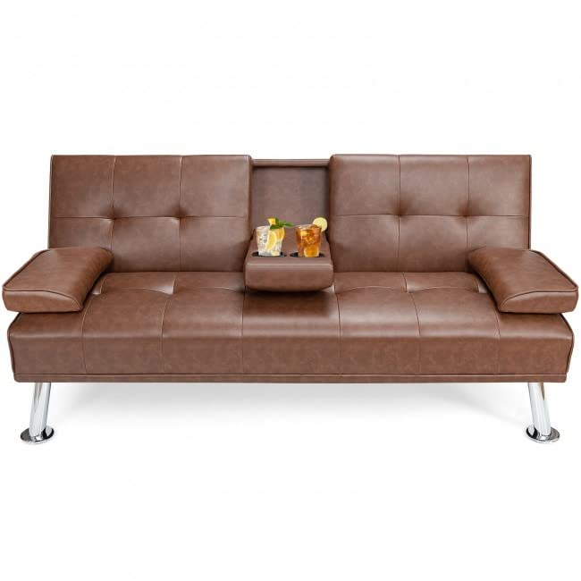 POWERSTONE Leather Futon Sofa Bed Convertible Folding Couch for Living Room Sectional Sleeper Sofa for Small Space with Cup Holder and Removable Armrest Brown