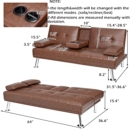 POWERSTONE Leather Futon Sofa Bed Convertible Folding Couch for Living Room Sectional Sleeper Sofa for Small Space with Cup Holder and Removable Armrest Brown