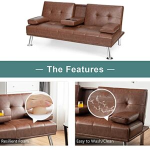 POWERSTONE Leather Futon Sofa Bed Convertible Folding Couch for Living Room Sectional Sleeper Sofa for Small Space with Cup Holder and Removable Armrest Brown