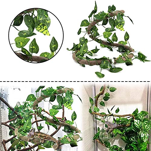 Hamiledyi Reptile Jungle Vines Bend A Branch 4Pcs Fake Leaves Hanging Terrarium Plant Decor for Bearded Dragon Lizard Gecko Snake Chameleon Frog Hermit Crab Tank Habitat Decorations Climbing