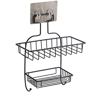 2 tiers shower caddy basket shelf with soap dish, rustproof bathroom organizer shelf with 2 hooks, no drilling wall mounted storage shelves for kitchen bathroom (black-3)