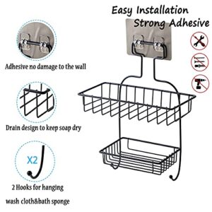 2 Tiers Shower Caddy Basket Shelf with Soap Dish, Rustproof Bathroom Organizer Shelf with 2 Hooks, No Drilling Wall Mounted Storage Shelves for Kitchen Bathroom (Black-3)