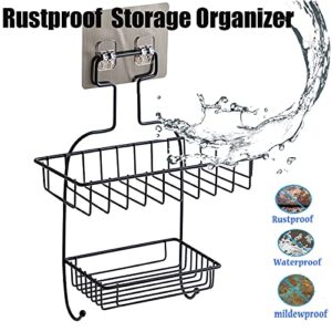 2 Tiers Shower Caddy Basket Shelf with Soap Dish, Rustproof Bathroom Organizer Shelf with 2 Hooks, No Drilling Wall Mounted Storage Shelves for Kitchen Bathroom (Black-3)