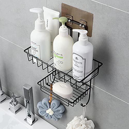 2 Tiers Shower Caddy Basket Shelf with Soap Dish, Rustproof Bathroom Organizer Shelf with 2 Hooks, No Drilling Wall Mounted Storage Shelves for Kitchen Bathroom (Black-3)