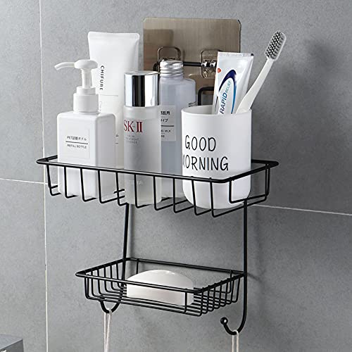 2 Tiers Shower Caddy Basket Shelf with Soap Dish, Rustproof Bathroom Organizer Shelf with 2 Hooks, No Drilling Wall Mounted Storage Shelves for Kitchen Bathroom (Black-3)