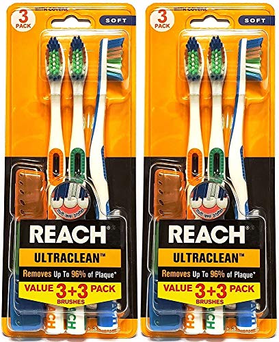 Reach Ultra-Clean Soft Toothbrush with Covers, Assorted Colors, 3 Count (Pack of 2) Total 6 Toothbrushes