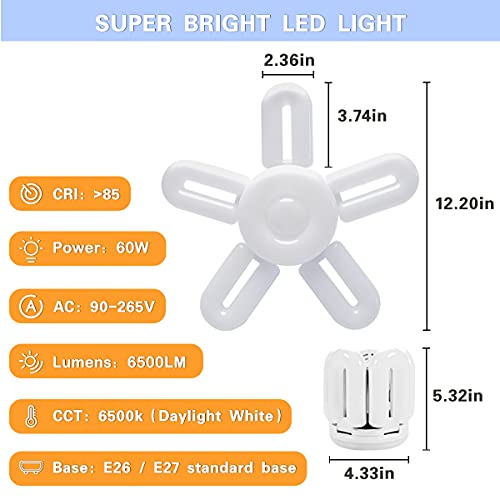 Deformable U-Shaped LED Garage Light, 60W Energy-Saving LED Ceiling Lights, 6500LM Bright Workbench Light with 5 Adjusted Led Light Panels, E26/E27 Basement Led Shop Lights for Workshop, Basement