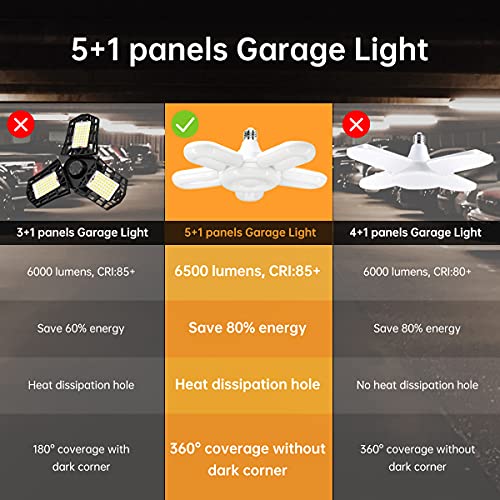 Deformable U-Shaped LED Garage Light, 60W Energy-Saving LED Ceiling Lights, 6500LM Bright Workbench Light with 5 Adjusted Led Light Panels, E26/E27 Basement Led Shop Lights for Workshop, Basement