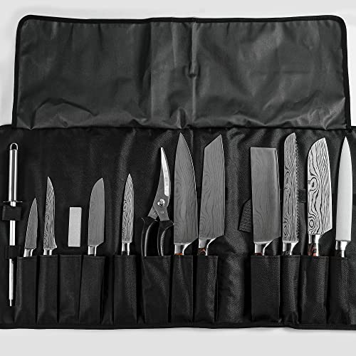 XYJ Professional Chef Knife Set Stainless Steel Kitchen Scissors Sharpener Rod Carry Bag Tools Laser Etched Sharp Blade Cleaver Santoku Knife For Cooking Cutter