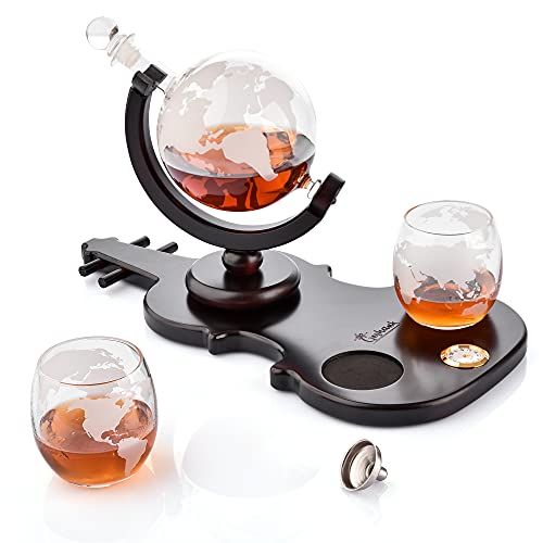 GESHANK Whiskey Decanter Set – Globe Decanter NEW Violin Shaped Stand with Watch – Liquor Decanter with 2 Etched Drinking Glasses and Bar Funnel – Beautiful Gift Packaging – Included Gift Card – 850ml