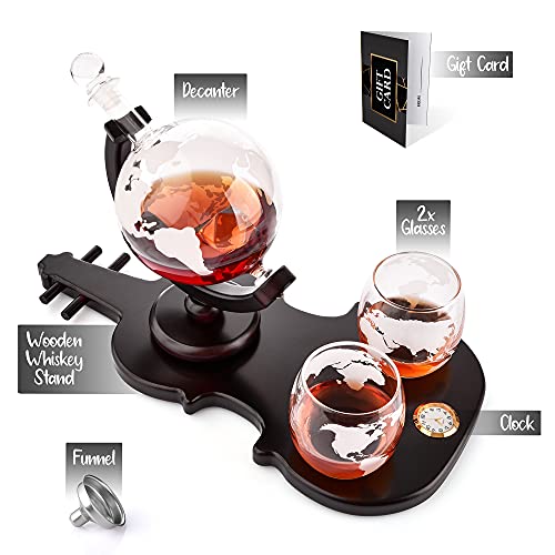 GESHANK Whiskey Decanter Set – Globe Decanter NEW Violin Shaped Stand with Watch – Liquor Decanter with 2 Etched Drinking Glasses and Bar Funnel – Beautiful Gift Packaging – Included Gift Card – 850ml