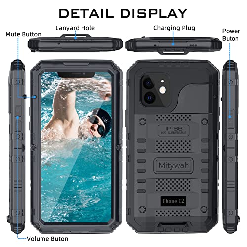 Mitywah Waterproof Case for iPhone 12, Heavy Duty Shockproof Case with Built-in Screen Protector, Full Body Underwater Protective Metal Case 6.1 inch, Black