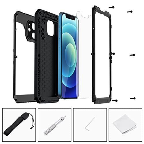 Mitywah Waterproof Case for iPhone 12, Heavy Duty Shockproof Case with Built-in Screen Protector, Full Body Underwater Protective Metal Case 6.1 inch, Black