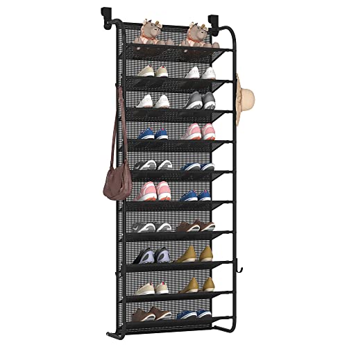 FKUO 10-Tier Over The Door Shoe Organizer Hanging Shoe Storage with 2 Customized Strong Metal Hooks for Closet Pantry Kitchen Accessory - Space Saving Solution (10 Layer, Black&Hooks)