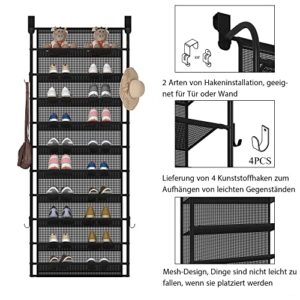 FKUO 10-Tier Over The Door Shoe Organizer Hanging Shoe Storage with 2 Customized Strong Metal Hooks for Closet Pantry Kitchen Accessory - Space Saving Solution (10 Layer, Black&Hooks)