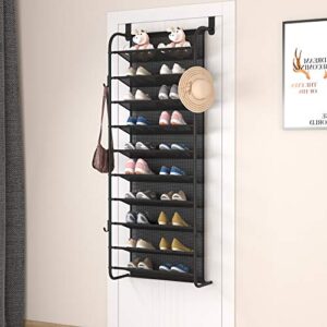 FKUO 10-Tier Over The Door Shoe Organizer Hanging Shoe Storage with 2 Customized Strong Metal Hooks for Closet Pantry Kitchen Accessory - Space Saving Solution (10 Layer, Black&Hooks)