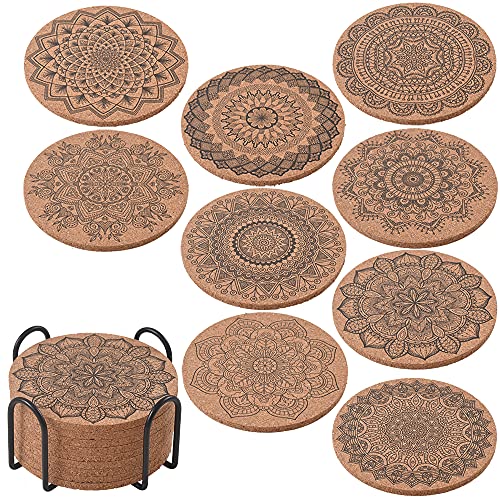 ionEgg Cork Coasters for Drinks Reusable Cup Coaster for Cold or Warm Drinks, Pack of 9 with Metal Holder