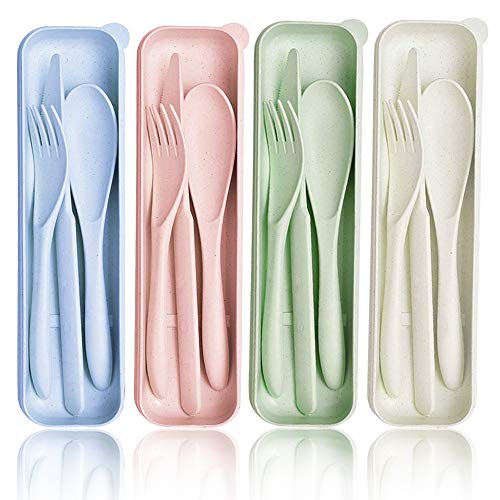 4 Sets Wheat Straw Cutlery,Portable Cutlery Spoon Knife Fork Tableware Set with Case for Adults Travel Picnic Camping Daily Use,Eco-Friendly BPA Free,4 Colors