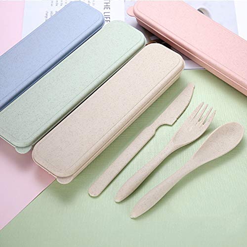 4 Sets Wheat Straw Cutlery,Portable Cutlery Spoon Knife Fork Tableware Set with Case for Adults Travel Picnic Camping Daily Use,Eco-Friendly BPA Free,4 Colors