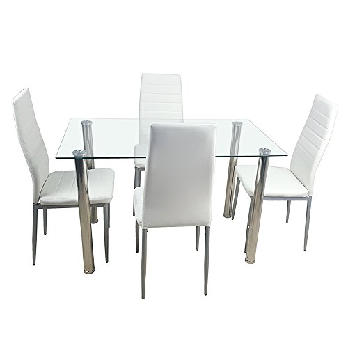 SSLine 5 Pieces Dining Table Set,Kitchen Room Tempered Glass Dining Table,Dining Table Set with 4 PU Leather Chairs,Home Furniture for Small Spaces Kitchen (Creamy White)