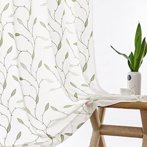 COLLACT Sheer Curtains Leaf Embroidered Living Room Curtains Farmhouse Window Treatments Sheer Curtains 84 Inch Length 2 Panels Set Window Curtains Rustic Bedroom Curtains Grommet Top Green on White