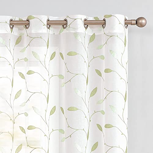 COLLACT Sheer Curtains Leaf Embroidered Living Room Curtains Farmhouse Window Treatments Sheer Curtains 84 Inch Length 2 Panels Set Window Curtains Rustic Bedroom Curtains Grommet Top Green on White