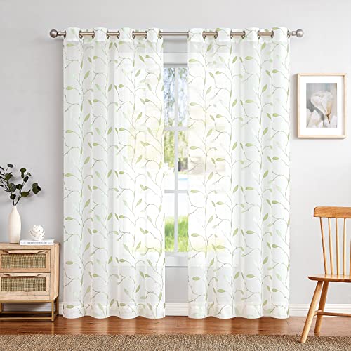 COLLACT Sheer Curtains Leaf Embroidered Living Room Curtains Farmhouse Window Treatments Sheer Curtains 84 Inch Length 2 Panels Set Window Curtains Rustic Bedroom Curtains Grommet Top Green on White