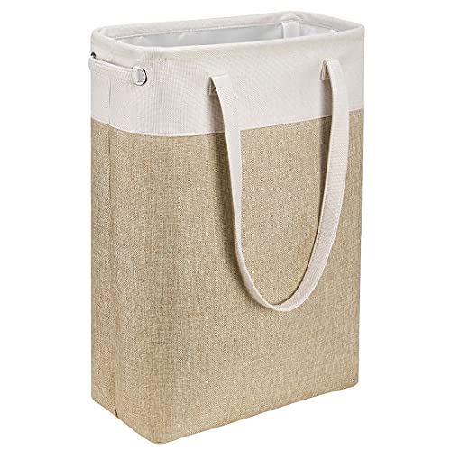 i BKGOO Laundry Basket with Handles Beige&Khaki-Slim Laundry Bin Collapsible Dirty Clothes Basket Narrow Laundry Bag Foldable Dirty Hamper for Camping, Dorms, Apartments