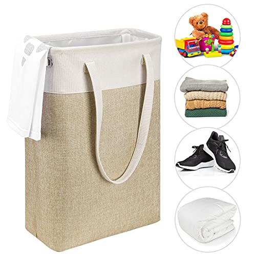 i BKGOO Laundry Basket with Handles Beige&Khaki-Slim Laundry Bin Collapsible Dirty Clothes Basket Narrow Laundry Bag Foldable Dirty Hamper for Camping, Dorms, Apartments