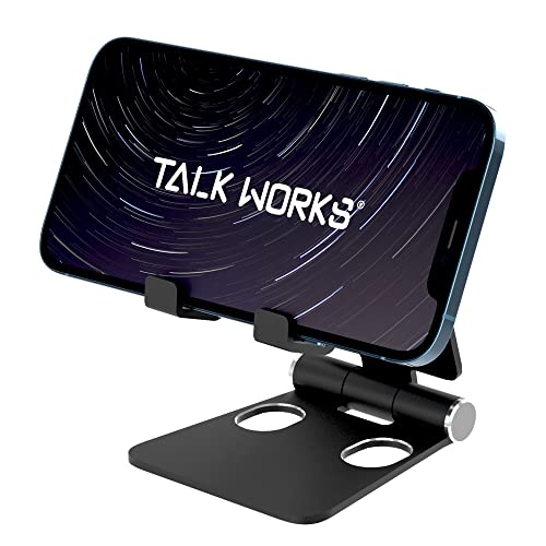 TALK WORKS Foldable Cell Phone Desk Stand Compatible w/iPhone 13/13 Pro/13 Pro Max/14/14 Plus/14 Pro/14 Pro Max, Small Tablet, Smartphones - Adjustable Aluminum Holder (Black)