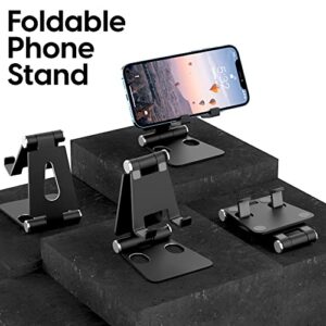 TALK WORKS Foldable Cell Phone Desk Stand Compatible w/iPhone 13/13 Pro/13 Pro Max/14/14 Plus/14 Pro/14 Pro Max, Small Tablet, Smartphones - Adjustable Aluminum Holder (Black)