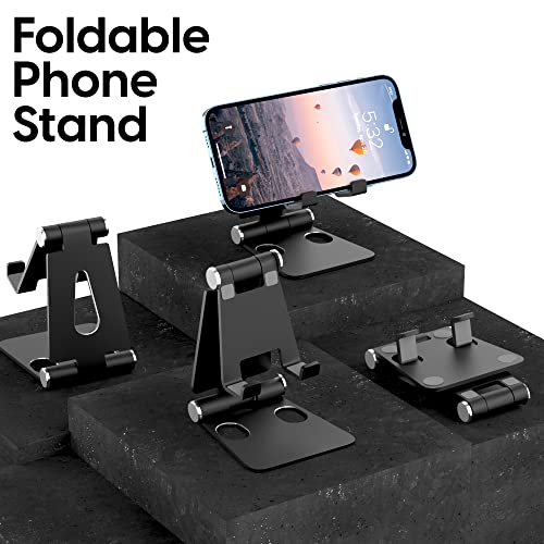 TALK WORKS Foldable Cell Phone Desk Stand Compatible w/iPhone 13/13 Pro/13 Pro Max/14/14 Plus/14 Pro/14 Pro Max, Small Tablet, Smartphones - Adjustable Aluminum Holder (Black)