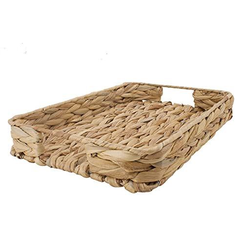 YRMT Natural Woven Tray Rectangular Hyacinth Serving Tray with Handles for Breakfast Dinner Bread Fruit Coffee Table Tea Party,Home Decorative (Small)