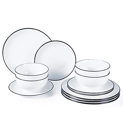 AWHOME 12 Pieces of Simple Design Ceramic Tableware Set, 4 Pieces of 10-inch Dinner Plate, 4 Pieces of 8-inch Dessert Plate, 4 Pieces of 6-inch Cereal Bowl Service for 4