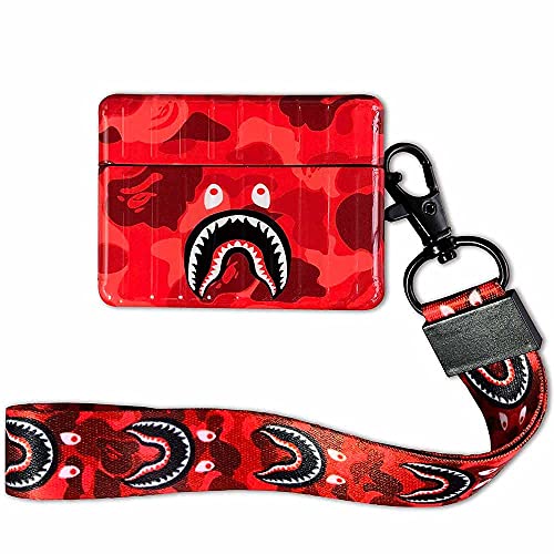 Camouflage Shark Mouth Silicone AirPods Pro Case Anti-Lost with Wrist Lanyard, Smooth EarPods Case for AirPods Pro Trunk Charging Case Fashion Shockproof Cover for Couples (Red)