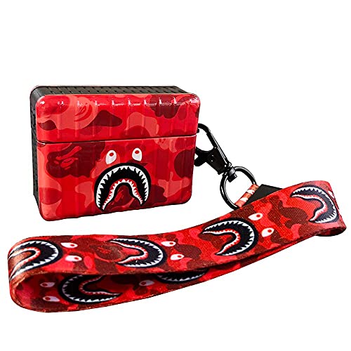 Camouflage Shark Mouth Silicone AirPods Pro Case Anti-Lost with Wrist Lanyard, Smooth EarPods Case for AirPods Pro Trunk Charging Case Fashion Shockproof Cover for Couples (Red)