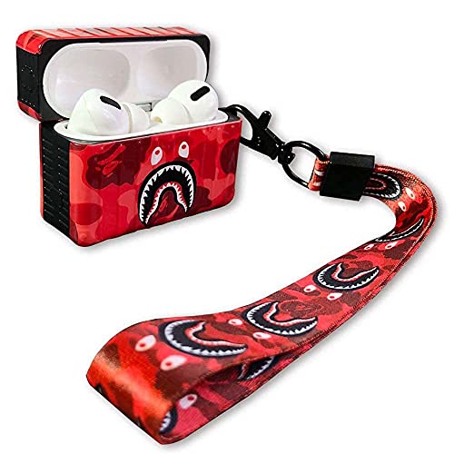 Camouflage Shark Mouth Silicone AirPods Pro Case Anti-Lost with Wrist Lanyard, Smooth EarPods Case for AirPods Pro Trunk Charging Case Fashion Shockproof Cover for Couples (Red)