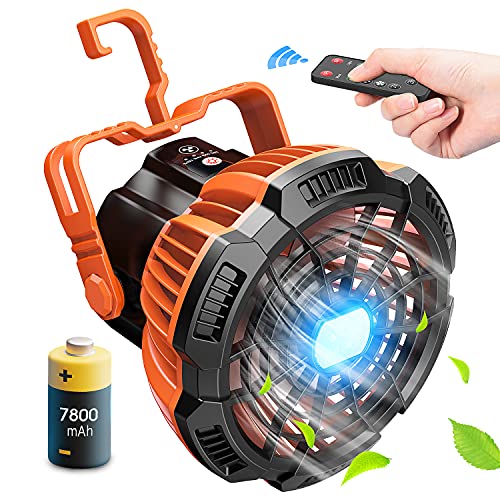 7800mAh Camping Fan with LED Lantern, Portable Fan with Remote Control, Power Bank, Battery Operated USB Rechargeable Fan , 180°Head Rotation Outdoor Battery Powered Fan for Outdoor, Indoor, Office