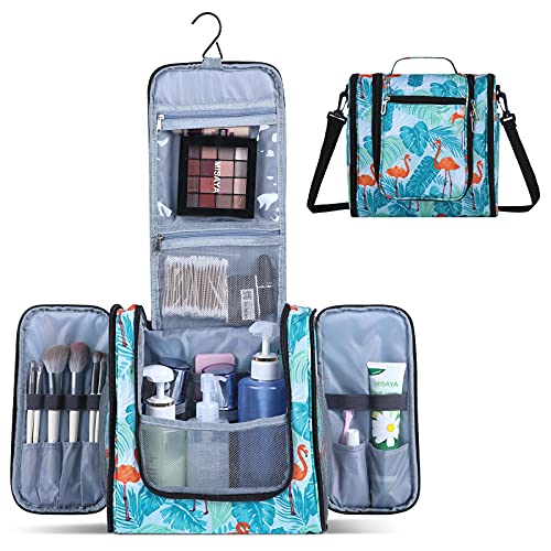 misaya Hanging Shower Caddy for College Dorm Room, Bathroom Essentials for Girls Women, Large Shower Organizer Tote Bag with Strap, Quick Dry Travel Toiletry Bag for Gym, Camping, Green Flamingo