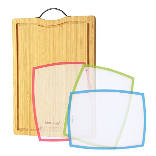 McCook® MCW11 Bamboo Cutting Boards Set of 4, Chopping Board Set w Juice Groove& Metal Handle, Cheese Charcuterie Board Serving Tray for Meat, Cheese and Vegetables(L, 17”11.4”0.8”)