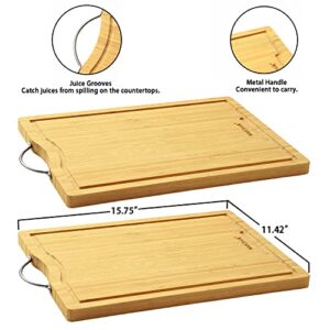 McCook® MCW11 Bamboo Cutting Boards Set of 4, Chopping Board Set w Juice Groove& Metal Handle, Cheese Charcuterie Board Serving Tray for Meat, Cheese and Vegetables(L, 17”11.4”0.8”)